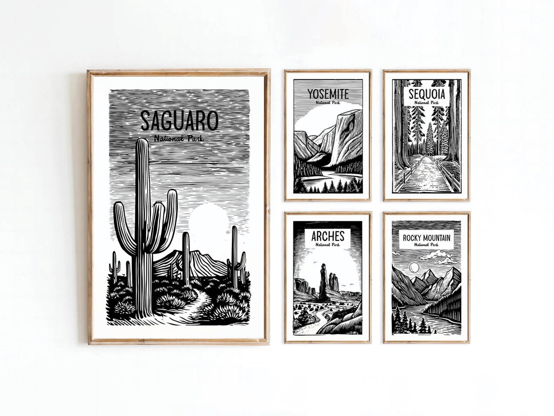 Woodcut National Park Posters, Retro US Travel Art Prints Set - Etsy