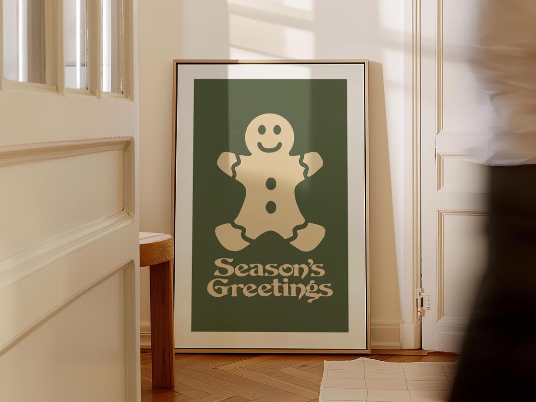 Gingerbread Man Christmas Art Retro Seasons Greetings Print Holiday ...