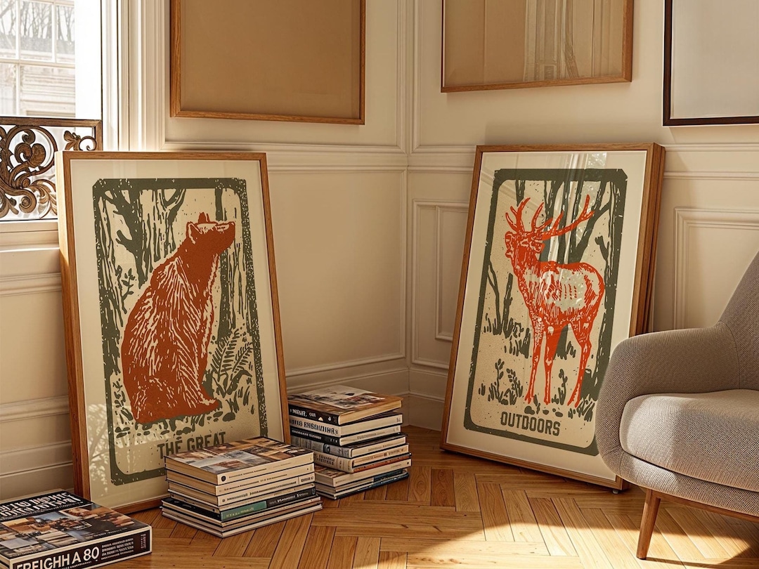 Retro Outdoors Art Prints Bear + Deer Posters Set of 2 Outdoorsy Wall ...