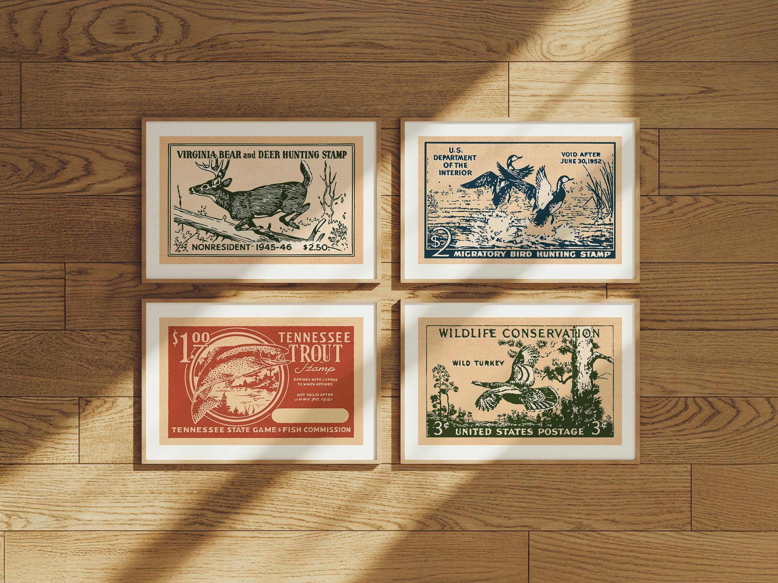 Wildlife Stamp Prints Retro Outdoors Art Gift for Hunter Poster Set of ...