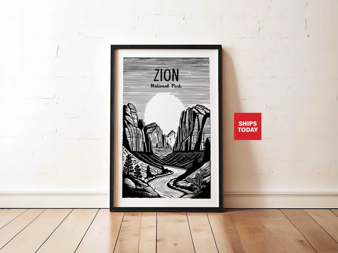 Woodcut Zion Travel Print Retro Zion Art Wall Decor Southwest Utah ...