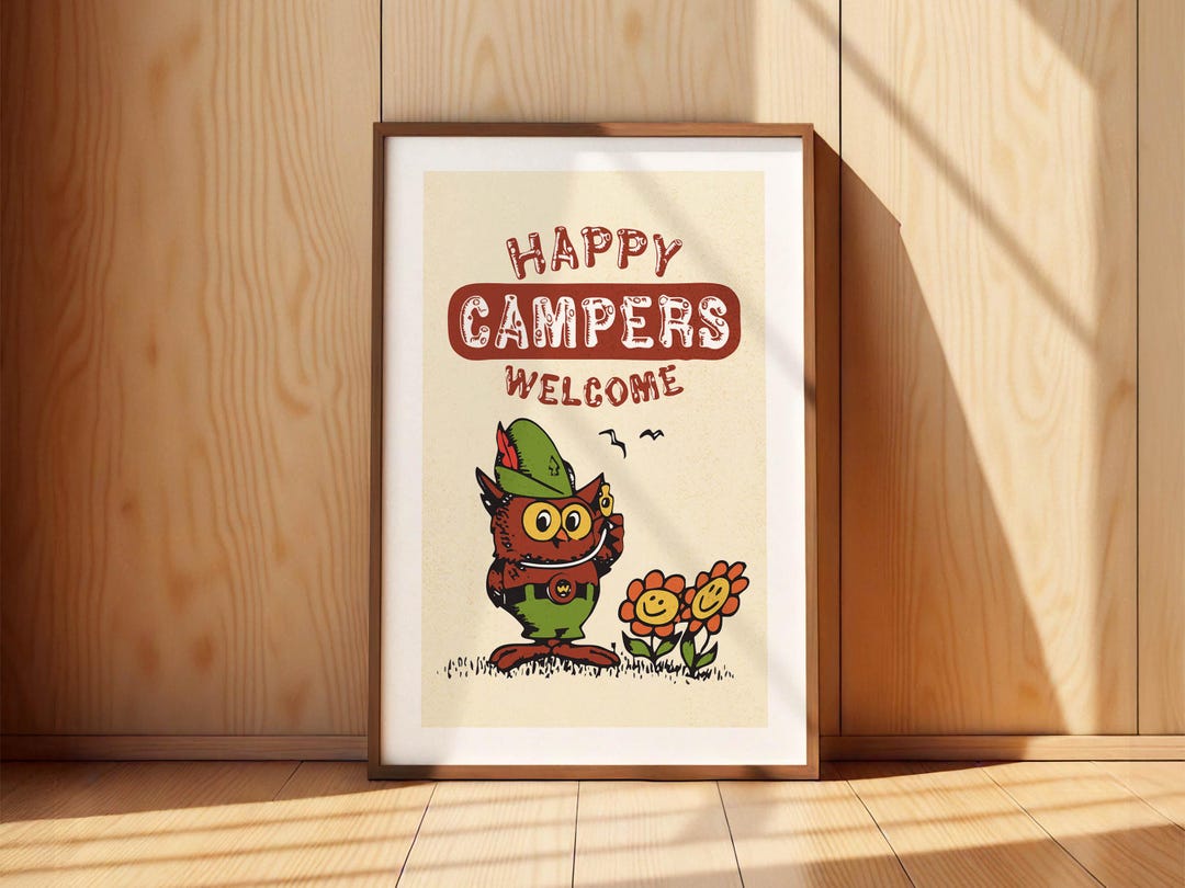 Happy Camper Print Retro Outdoors Art Gift for Kids Nature Art Retro ...