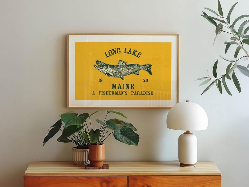 Retro Maine Art Print: Long Lake Fishing Poster, USA Wall Decor - Etsy