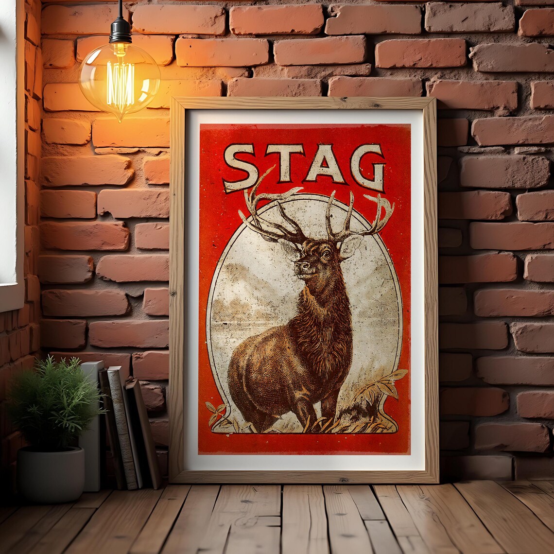 Retro Stag Print Gift for Hunter Outdoors Art Red Stag Poster Retro ...