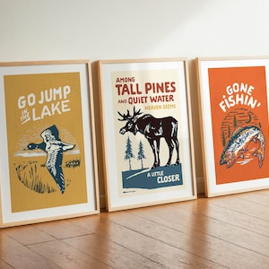 Fun Nature Art Prints Retro Outdoors Art Gift for Lake House Set of 3 ...