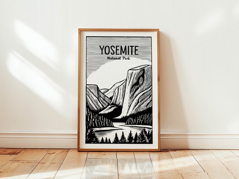 Woodcut Yosemite Print, Retro Travel Poster, California Wall Art - Etsy