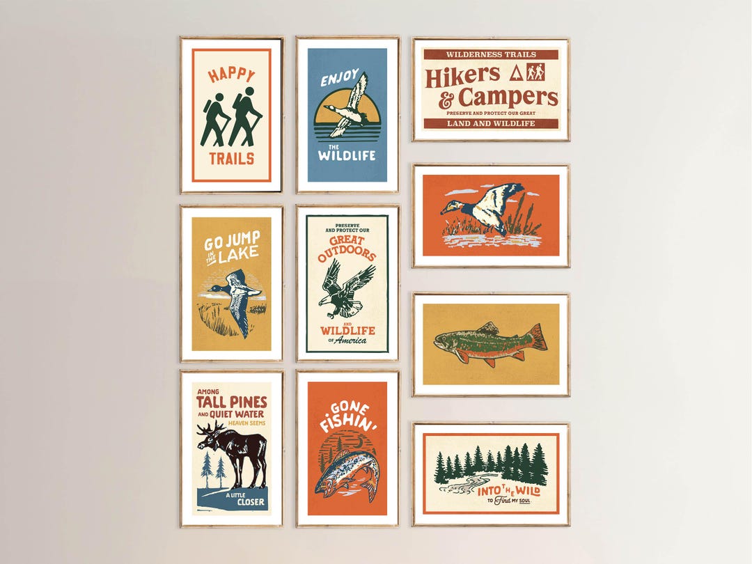 Fun Camping Prints Retro Outdoors Art Gift for Kids Room Nature Art Set ...