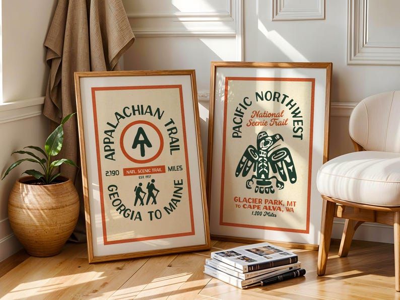 Retro Hiking Art Prints Outdoors Art Poster Set of 2 Hiking Wall Prints ...