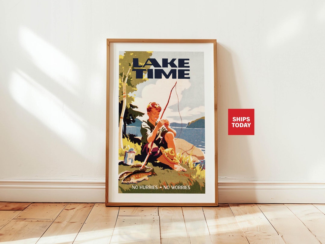 Retro Lake Time Print Gift for Lake House Art Fishing Poster Cabin Wall ...