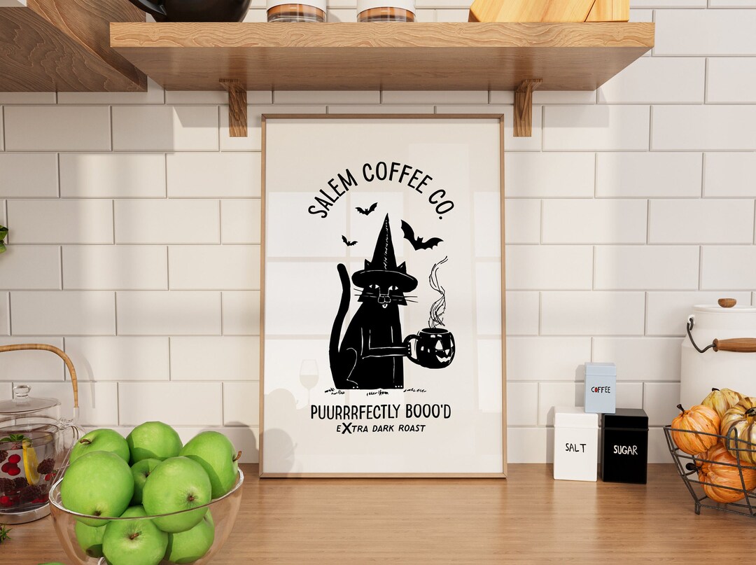 Spooky Coffee Print Cat Coffee Wall Art Halloween Decor Kitchen Coffee ...