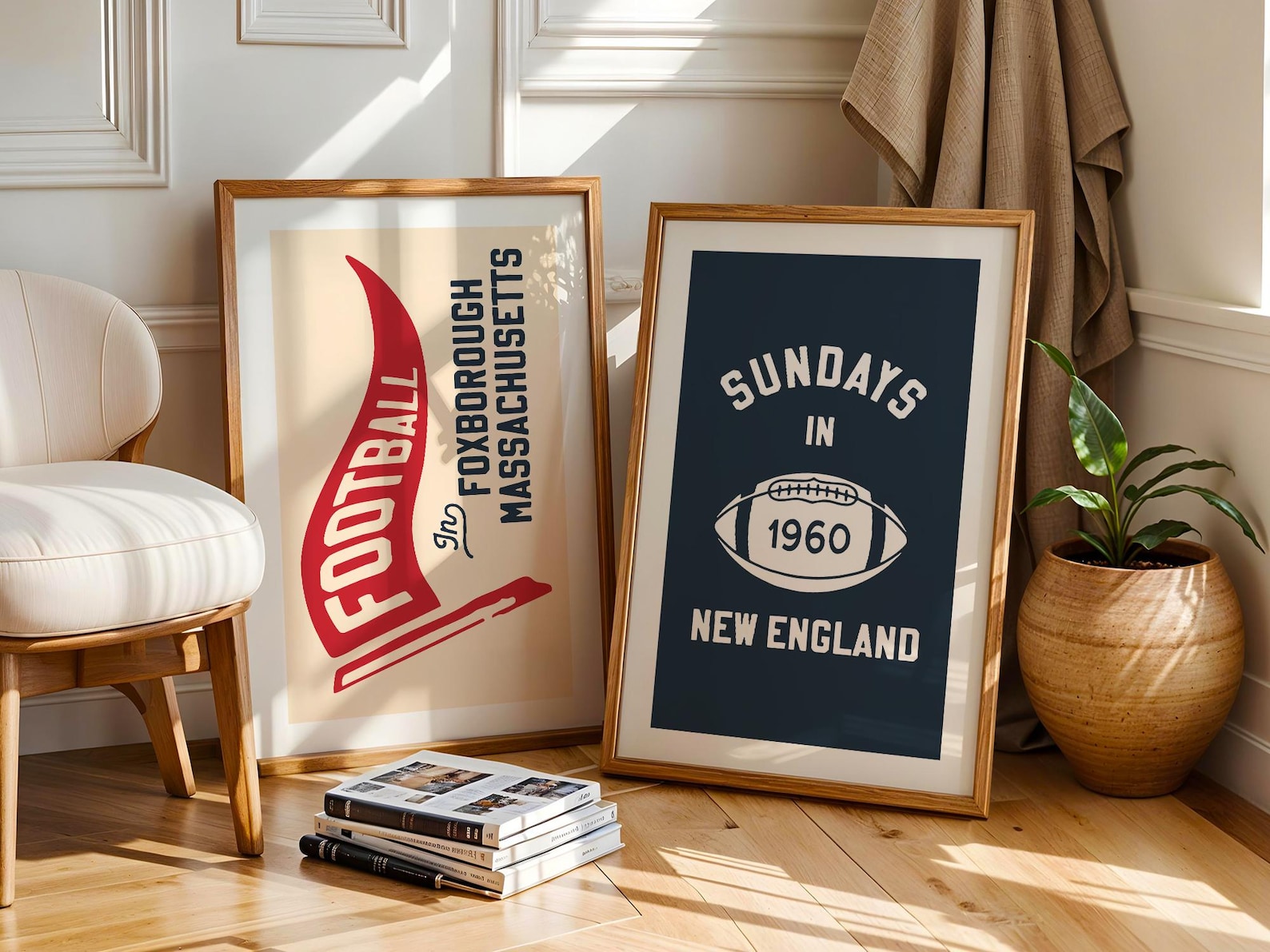 New England Sports Prints Retro Football Art Poster Set of 2 Sports ...