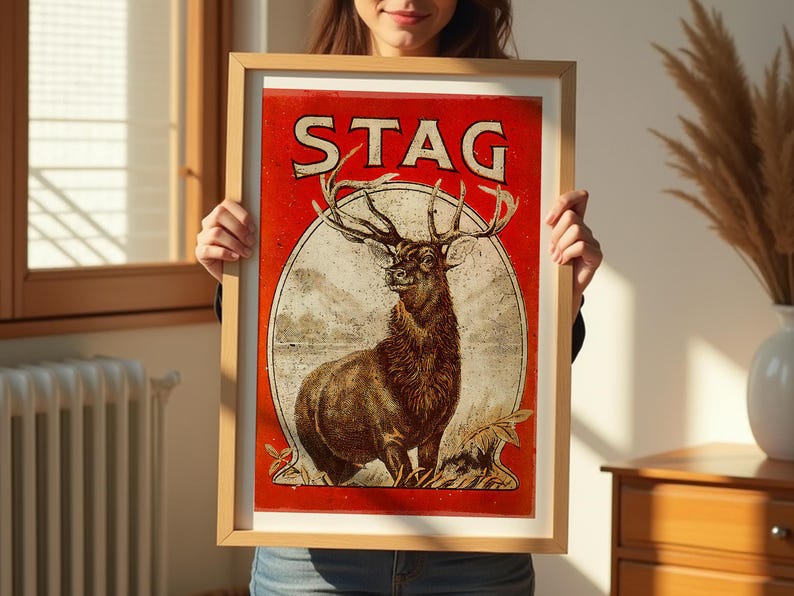 Retro Stag Print Gift for Hunter Outdoors Art Red Stag Poster Retro ...