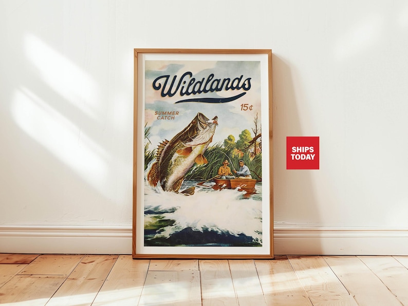 Boat Fishing Print Gift for Fisherman Art Poster Retro Angler Wall ...