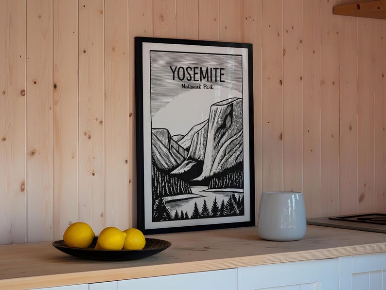 Woodcut Yosemite Print, Retro Travel Poster, California Wall Art - Etsy