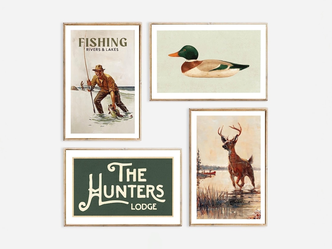 Old Time Hunting Fishing Prints Retro Hunting Art Poster Set of 4 ...