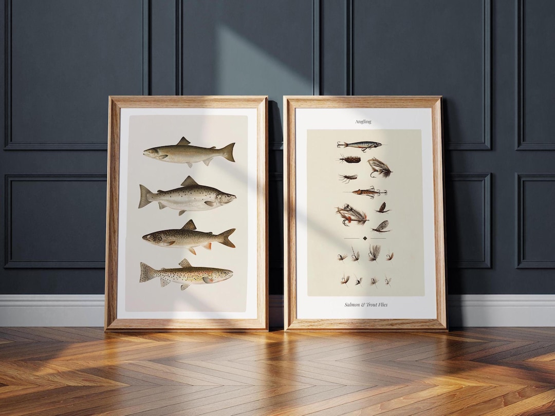 Salmon & Trout Fishing Prints, Set of 2, Flies Art, Outdoorsy Travel ...