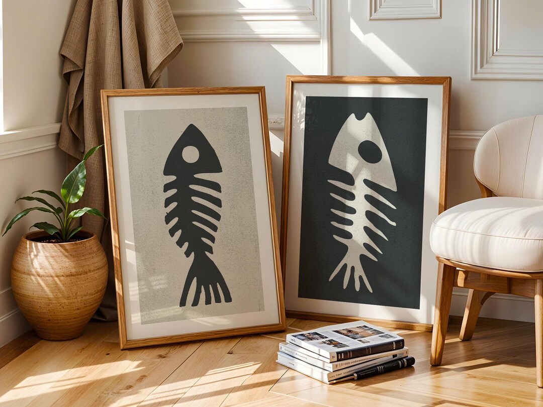 Retro Fish Art Prints Fish Bone Posters Set of 2 Outdoorsy Wall Prints ...