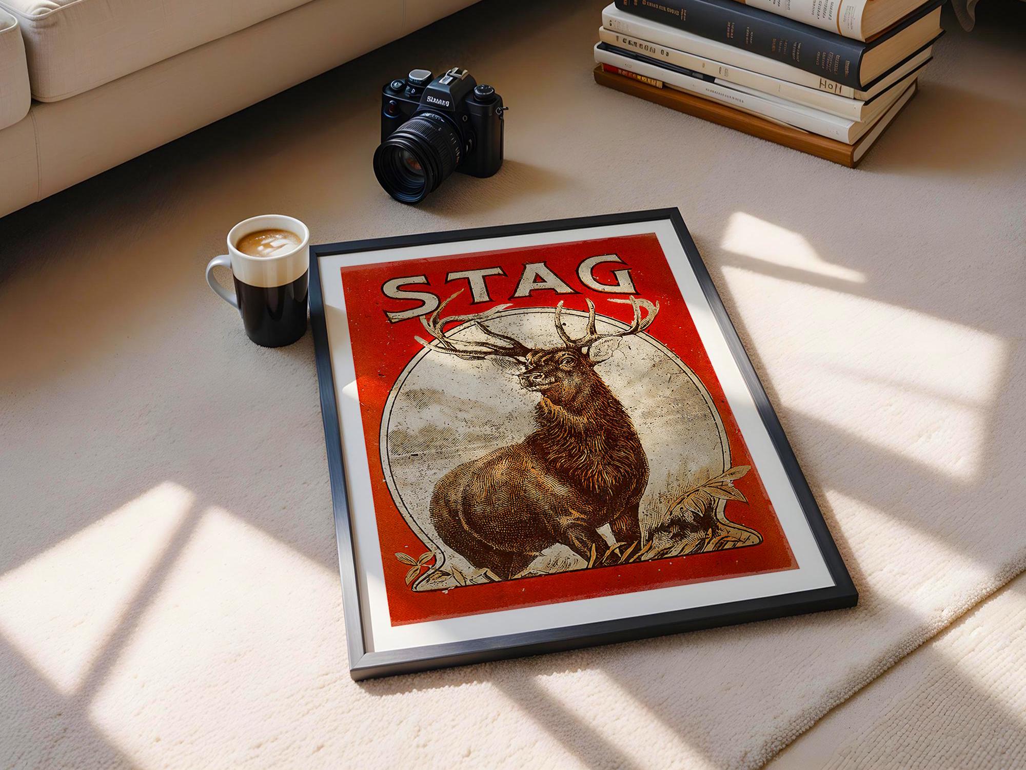 Retro Stag Print Gift for Hunter Outdoors Art Red Stag Poster Retro ...