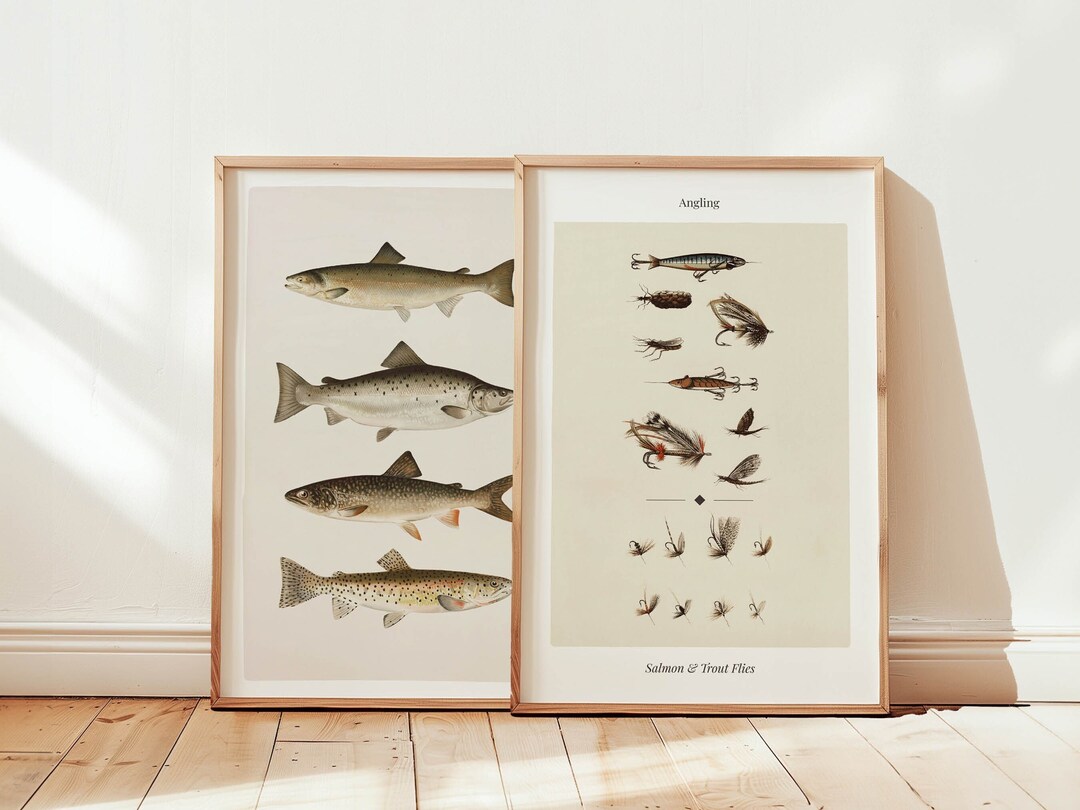 Salmon Trout Fishing Prints Set of 2 River Fish Flies Art Outdoorsy ...