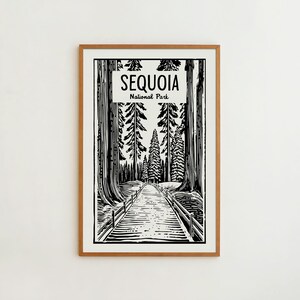 Woodcut Sequoia Travel Print Retro Sequoia Art Wall Decor California ...