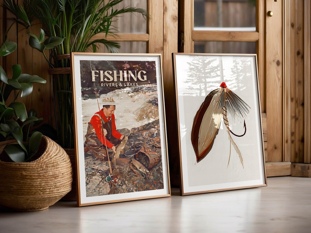Fly Fishing Print Set of 2 Rustic Painting Prints Vintage Fishing Art ...