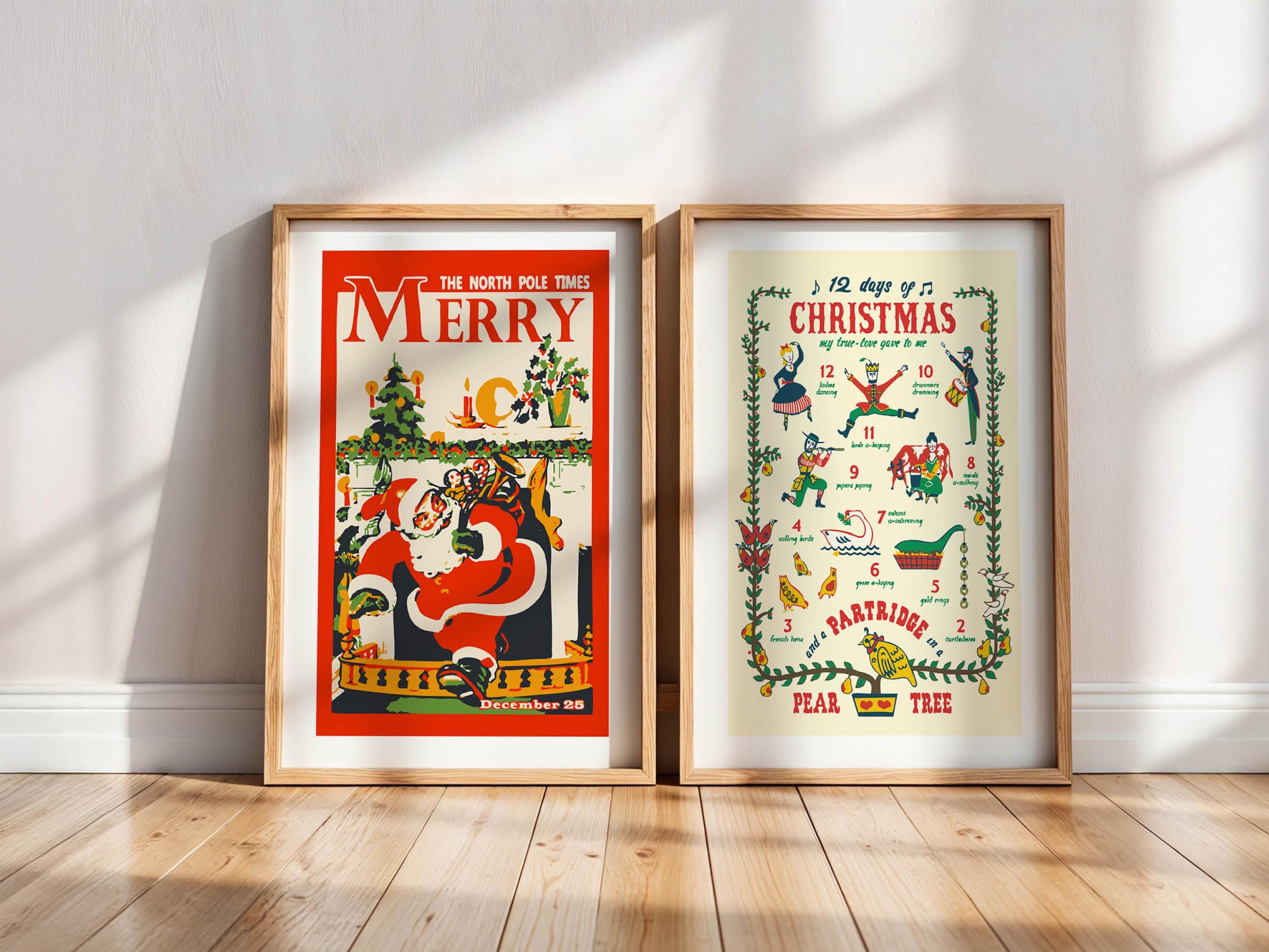 Spirit of Christmas Prints Retro Holiday Art Set of 2 Festive Christmas ...