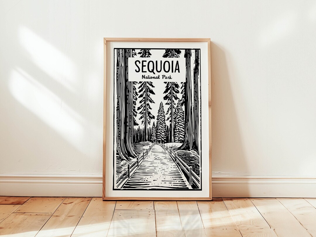 Woodcut Sequoia Travel Print Retro Sequoia Art Wall Decor California ...