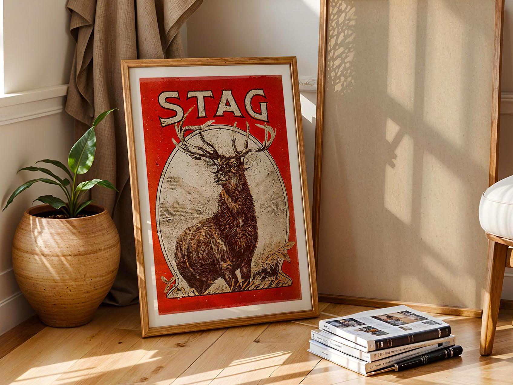 Retro Stag Print Gift for Hunter Outdoors Art Red Stag Poster Retro ...