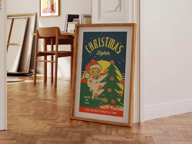 Retro Christmas Lights Santa Print Holiday Art Poster Christmas Wall ...