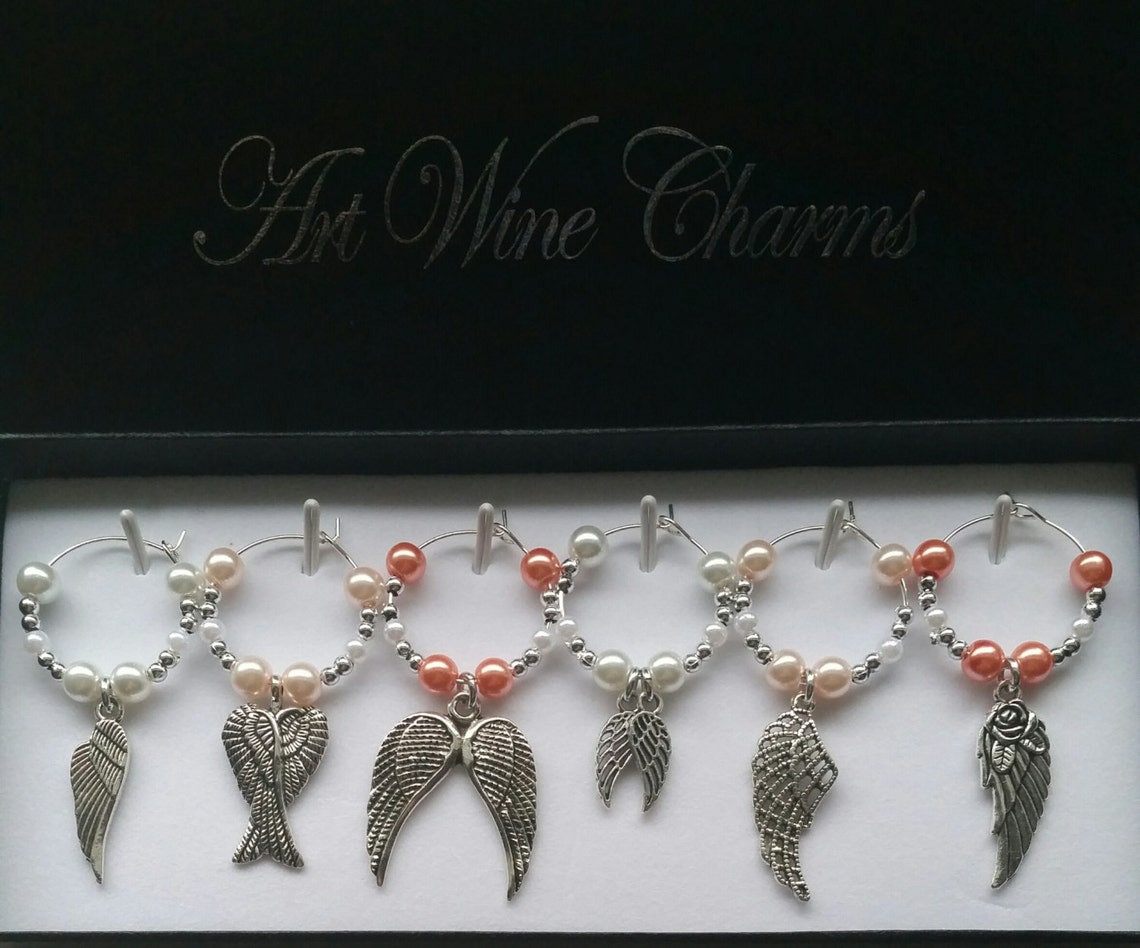 6 Angel Wings themed Wine Charms Pink Angel Wings Breast | Etsy