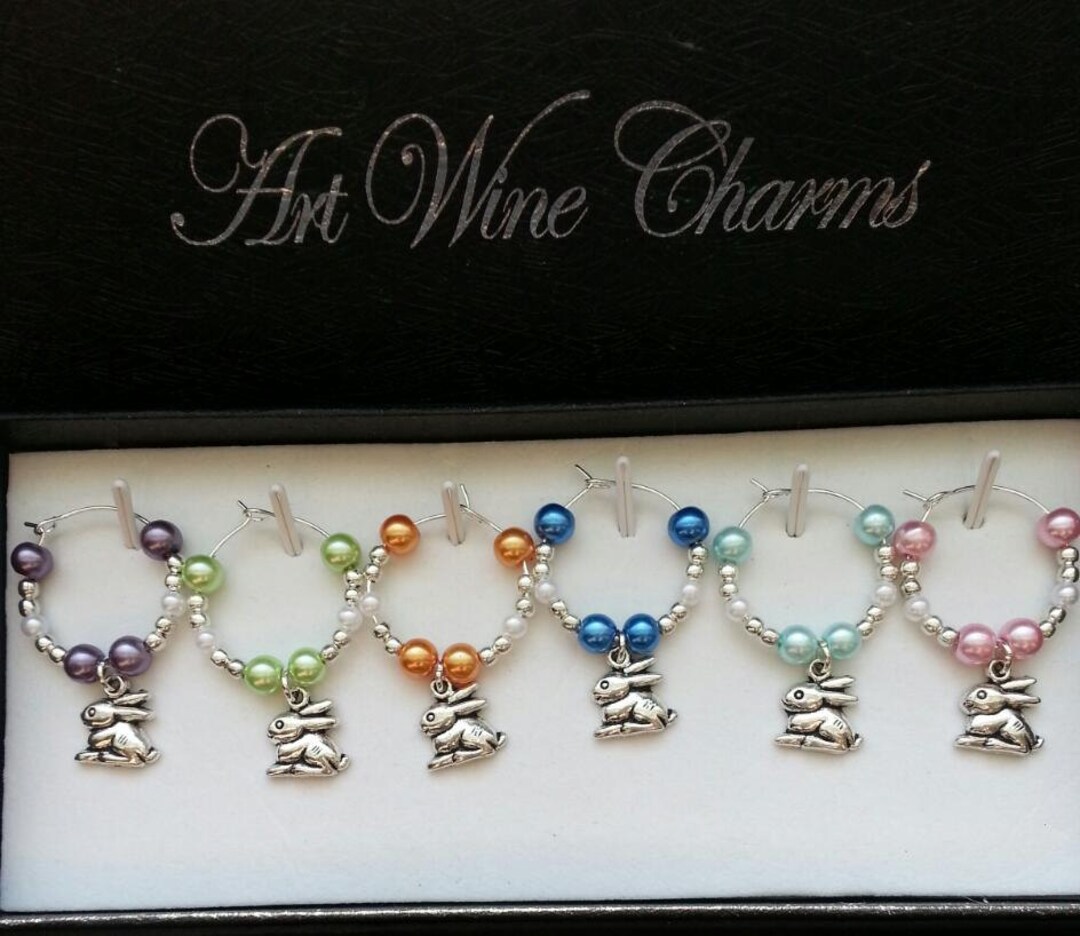 6 Rabbit Themed Wine Charms, Hares, Wine Charms, Easter, Bunnies, Bunny ...
