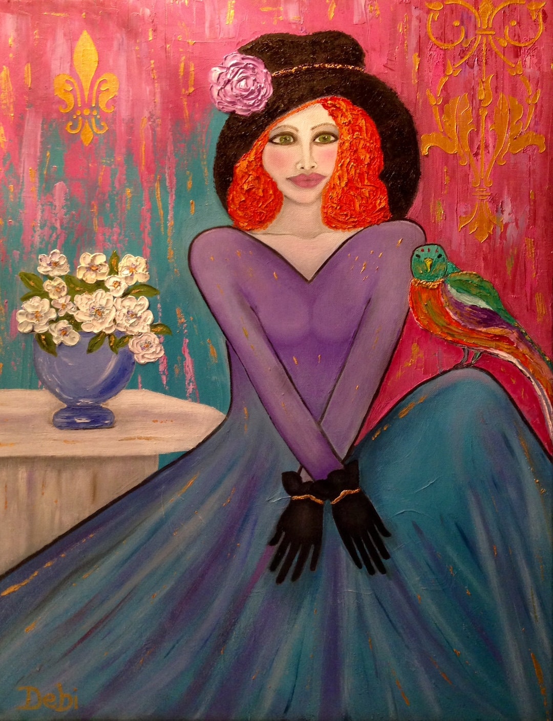 Original Figure Woman Painting on Canvas Female With a Bird and Flowers ...