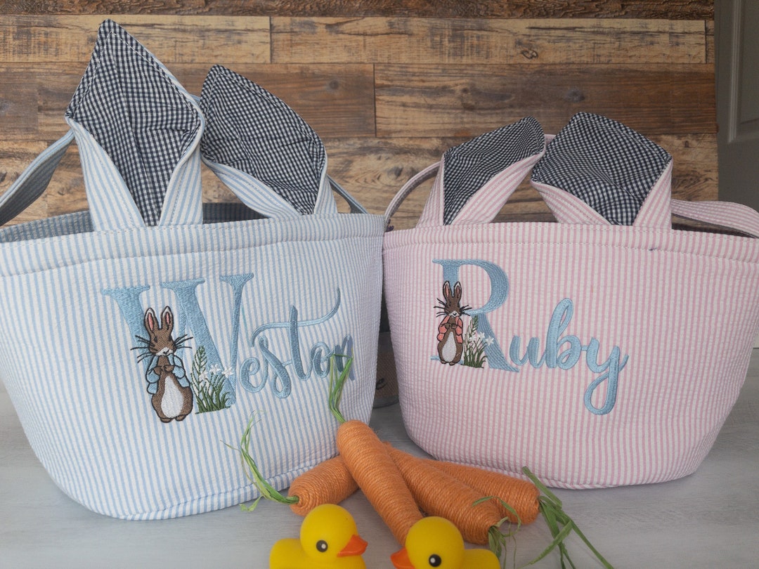 Personalized Embroidery Peter Rabbit Easter Basket Seersucker Storage ...