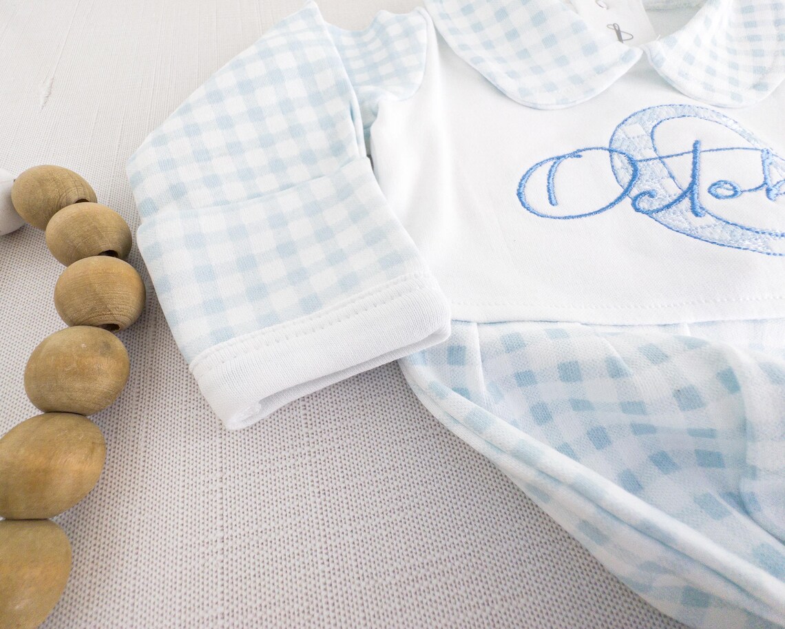 Monogrammed Baby Shower Gift • Infant Footie • Blue and White Romper ...