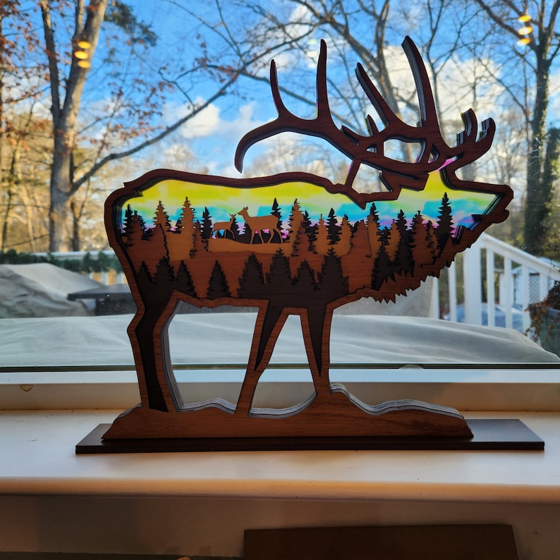 Unique Gift for Dad or Grandfather, Layered Wood Art Elk Suncatcher ...