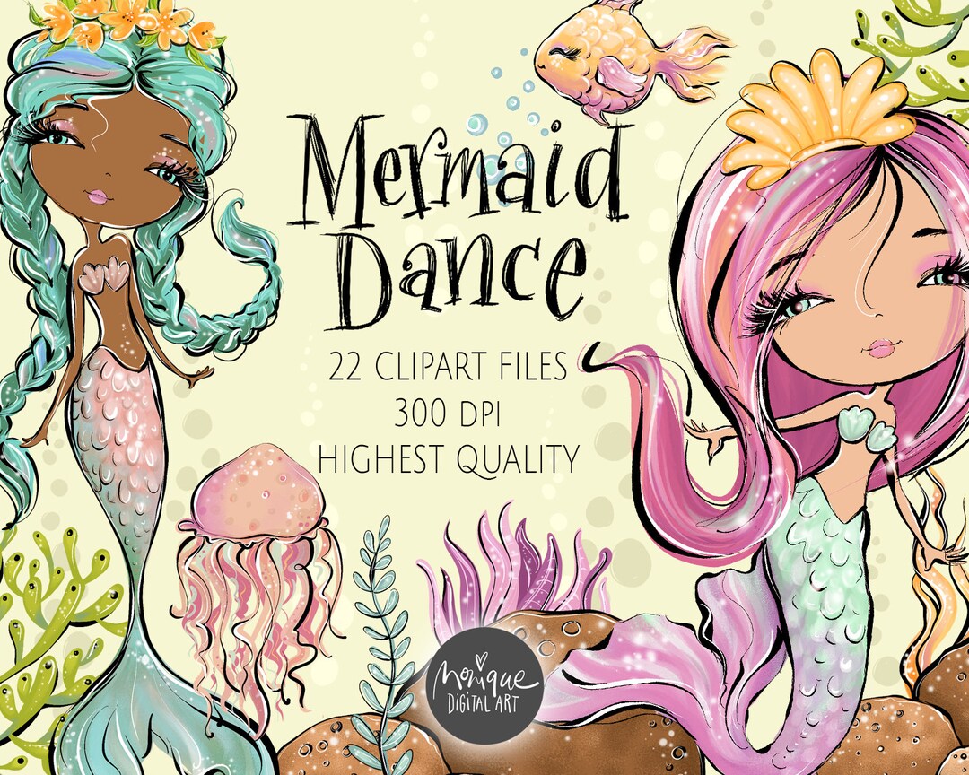Mermaid Clipart, African American Mermaid, Coral, Seaweed, Jellyfish ...