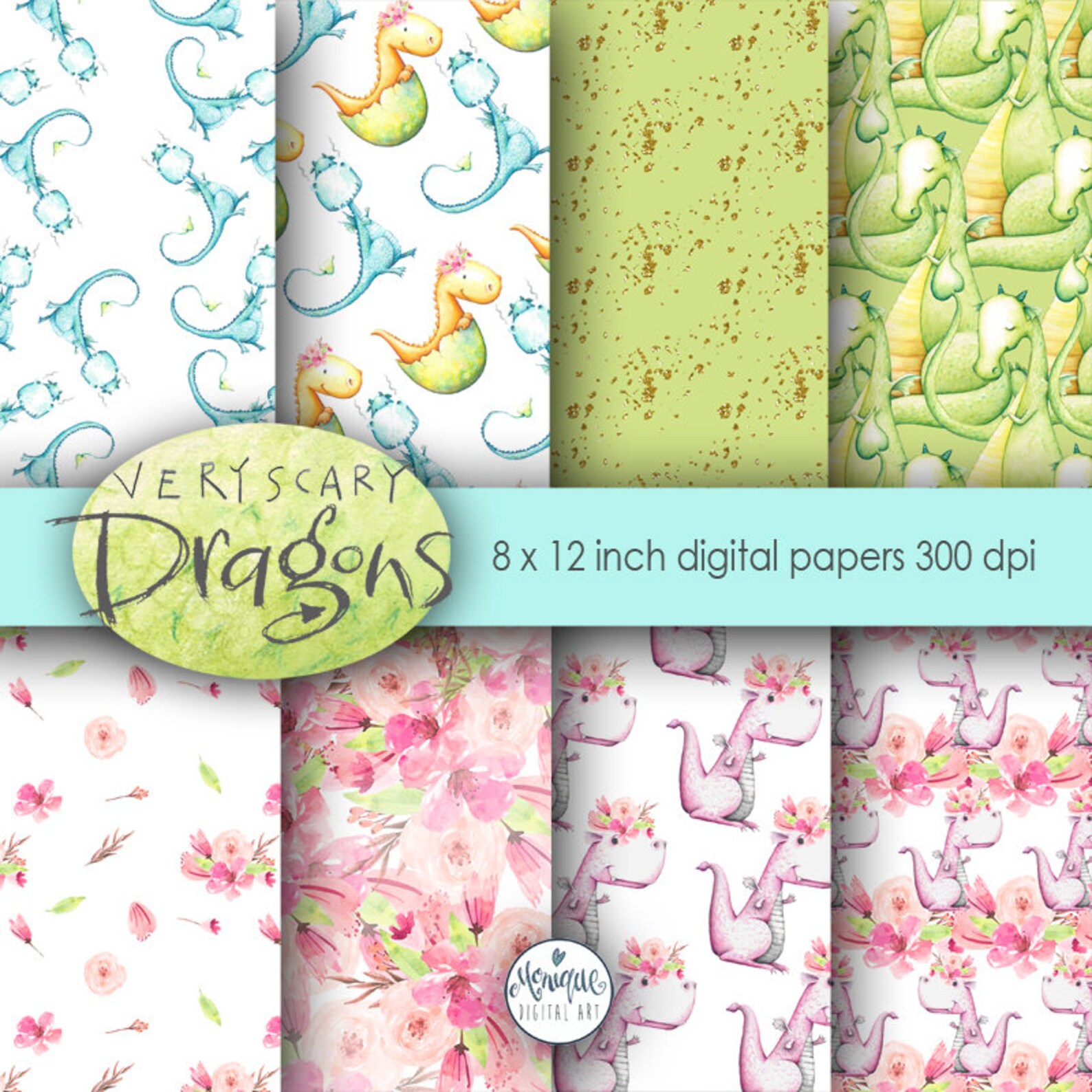 Dragon Digital Papers Watercolor Designer Clip Art Floral - Etsy