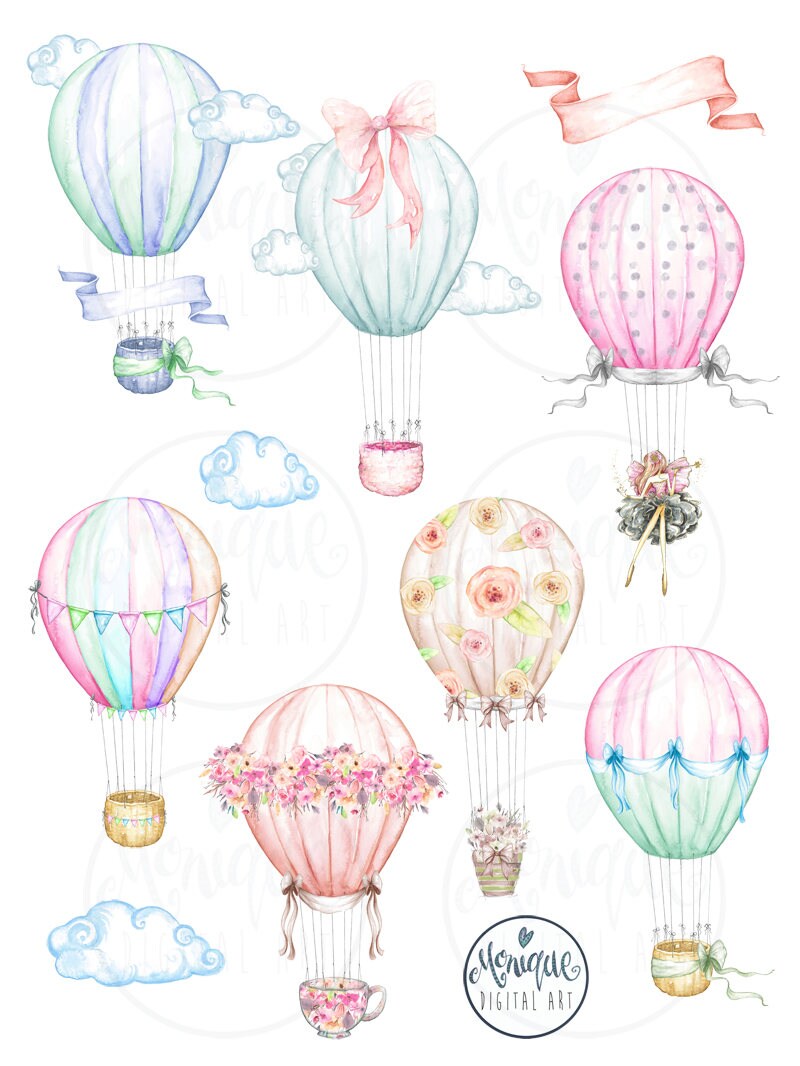 Hot Air Balloons Watercolor,planner Clipart,cute Balloons,balloons ...