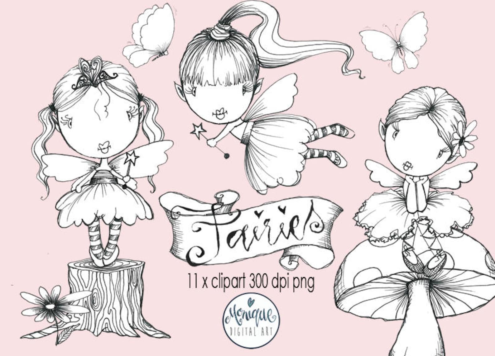 Fairy Clipart Black and White Fairies Hand Drawn Clipart | Etsy