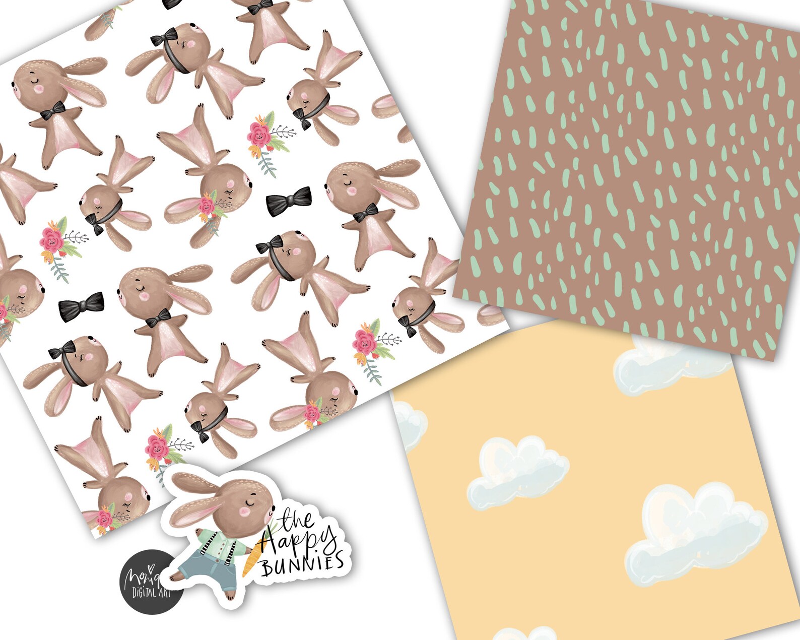 Rabbit Digital Paper, Bunny Surface Pattern, Easter, Valentines Day ...