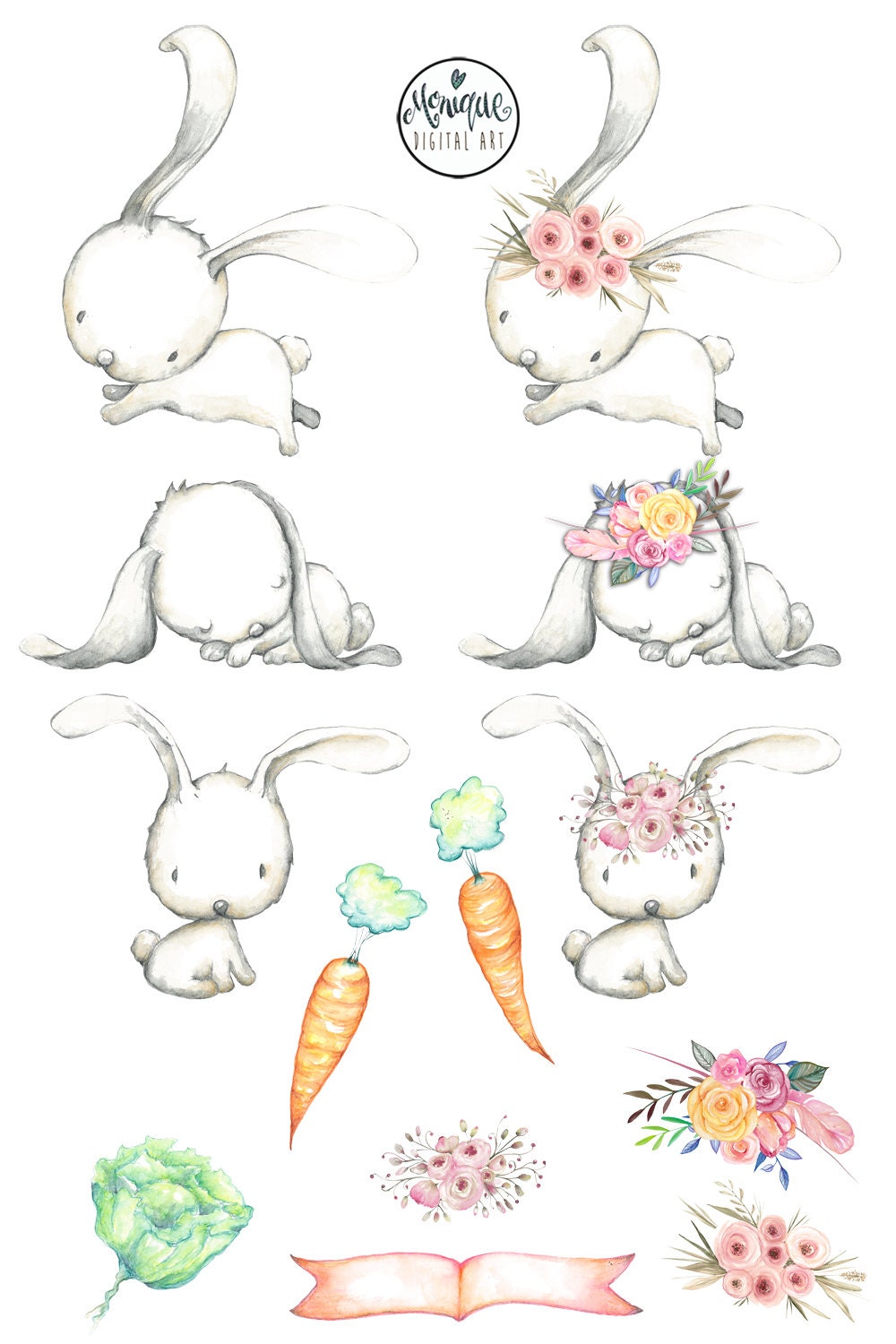 Rabbit Clipart, Bunny Watercolor, Woodland Animals, Hand Painted ...