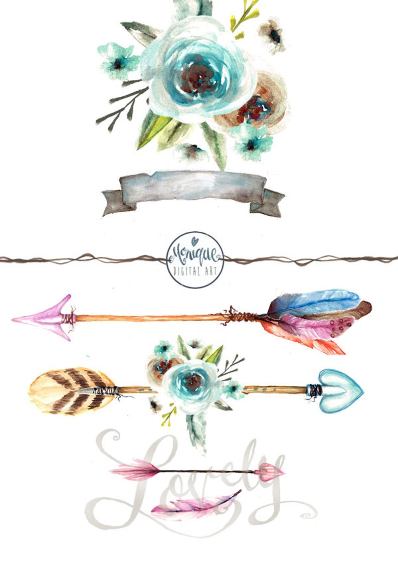 Boho Arrows Clipart Watercolor Feathers Tribal Flowers - Etsy
