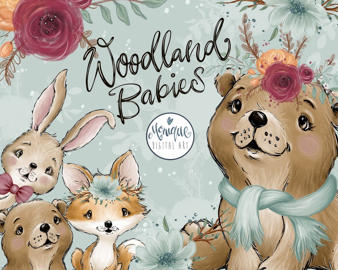 Woodland Animals Clipart Fox Bear Bunny Rabbit Baby Fox - Etsy
