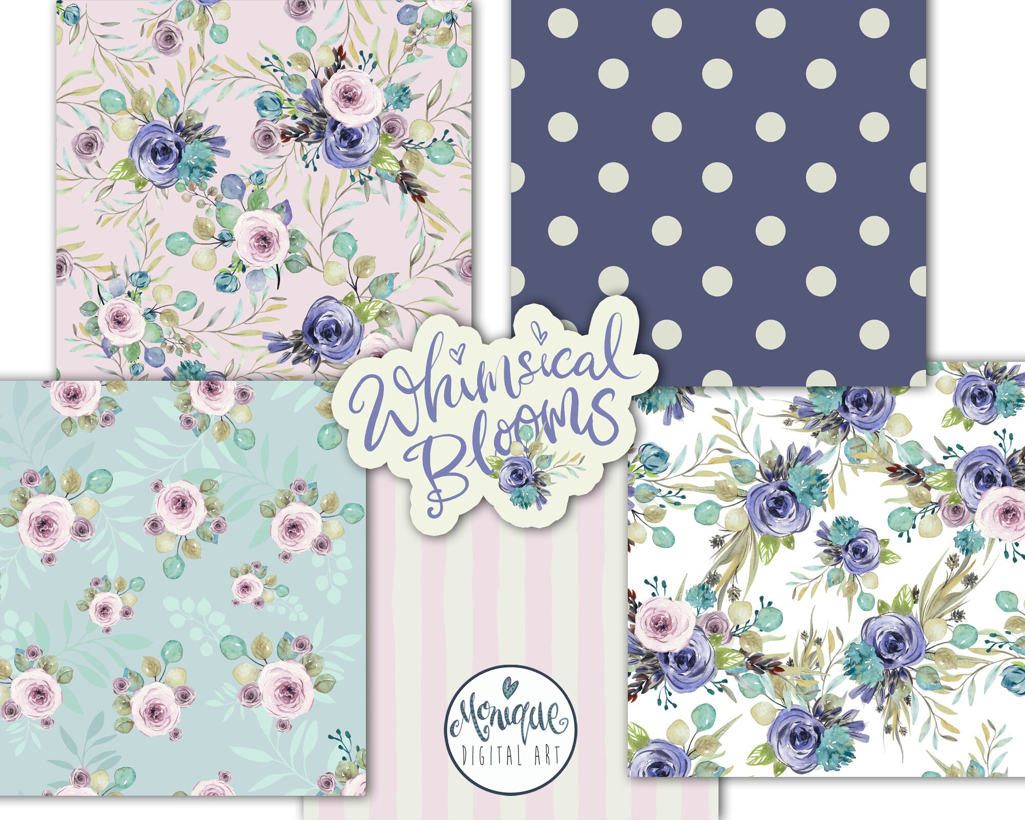 Whimsical Blooms Digital Papers Seamless Pattern Fabric Art | Etsy