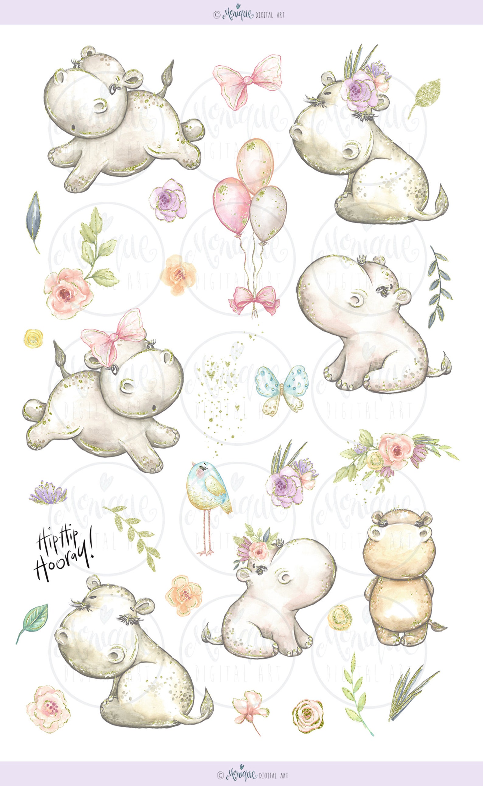 Hippo Clipart Cute Hippos Watercolor Mother and Baby New - Etsy