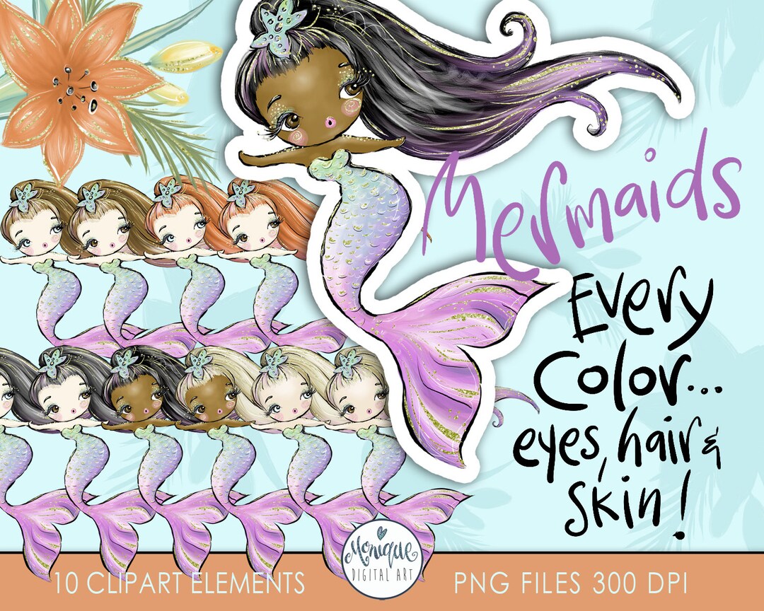 Mermaid Clipart Dark Skin, White Skin, Blonde, Black Hair, Red Hair ...