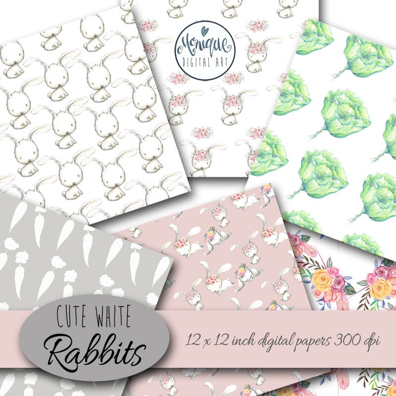 Rabbit Digital Paper Pack cute bunny clip art watercolor | Etsy