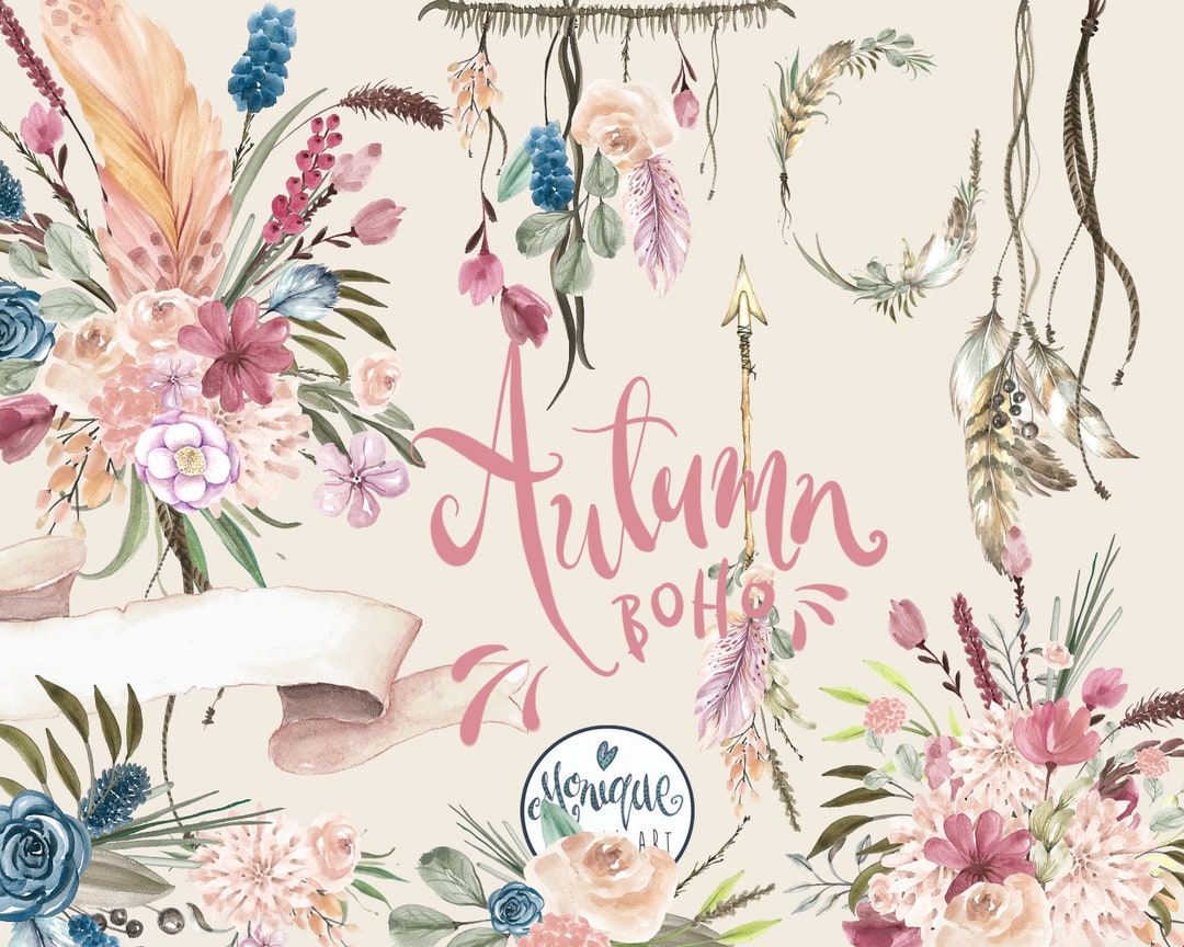 Autumn Boho Flowers, Fall Flowers, Planner Flowers, Watercolor, Hand ...