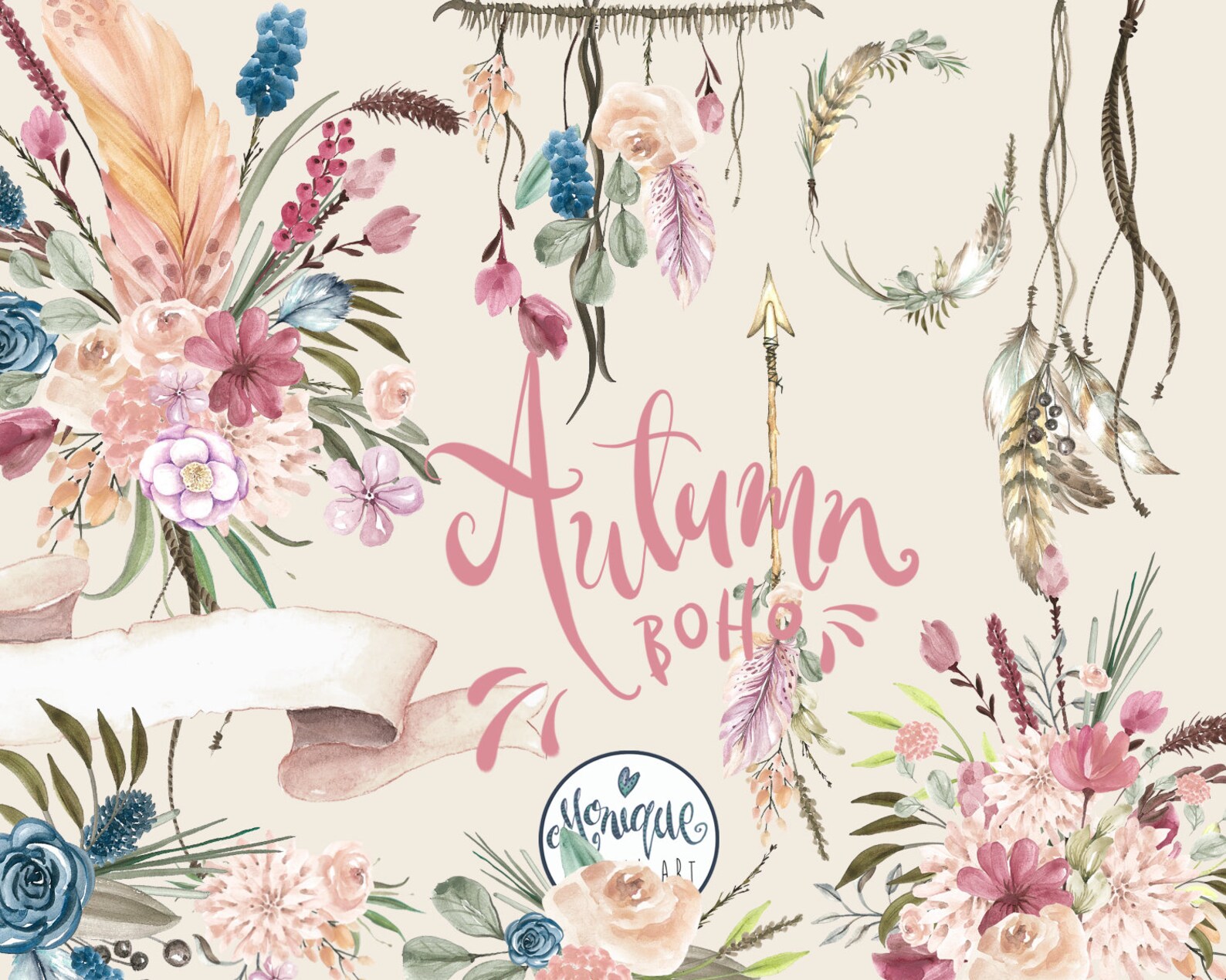 Autumn Boho Flowers, Fall Flowers, Planner Flowers, Watercolor, Hand ...