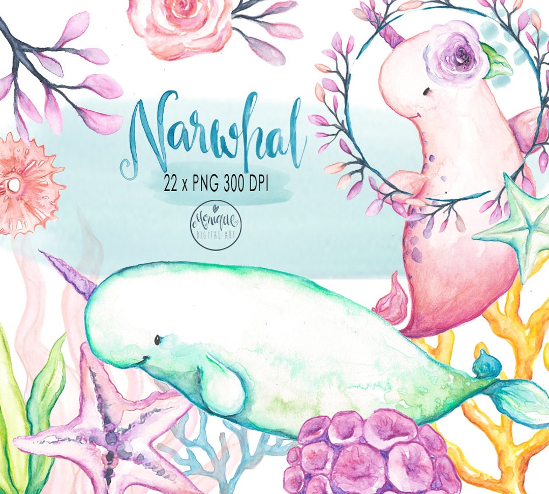 Narwhal Clipart, Watercolor Narwhal, Cute Narwhal, Hand Painted, Under ...